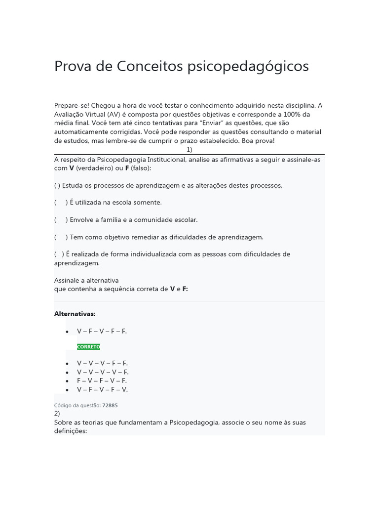 Prova de Conceitos Psicopedagógicos | PDF | Aprendizado | Ciências ...