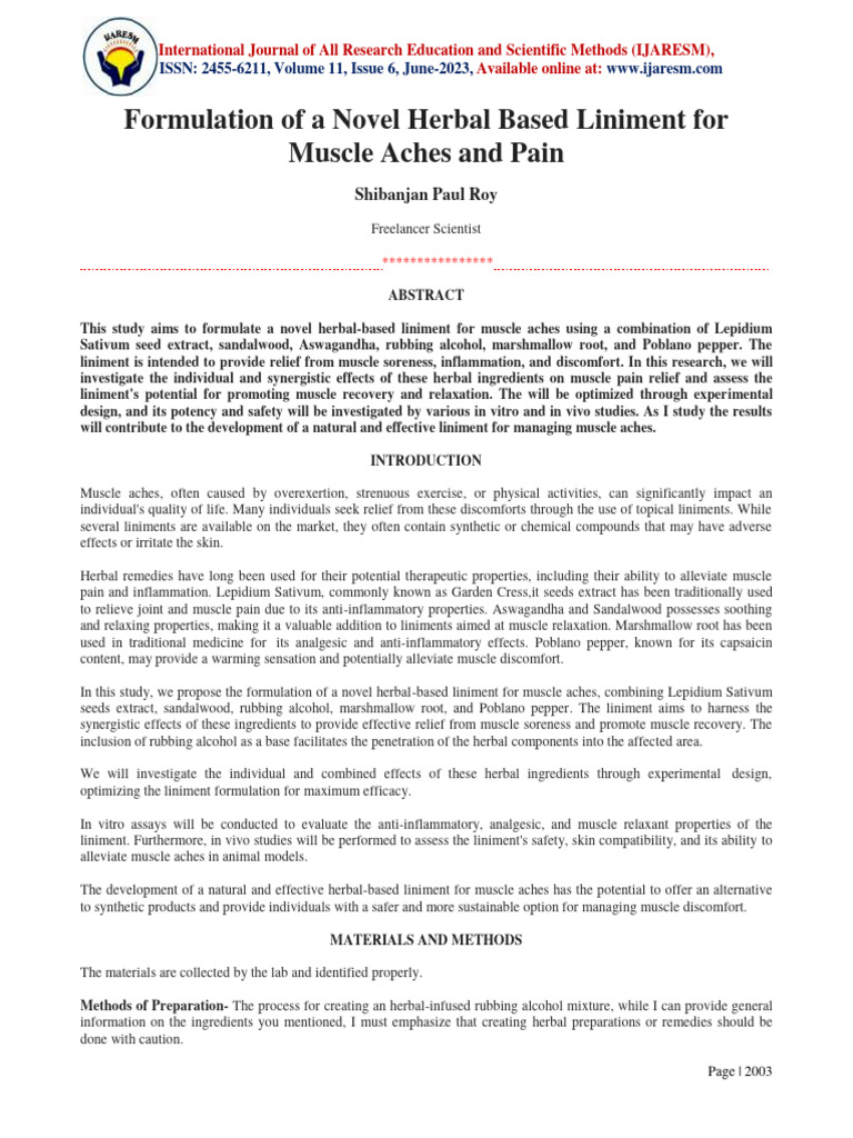 Formulation of A Novel Herbal Based Liniment For Muscle Aches and Pain ...