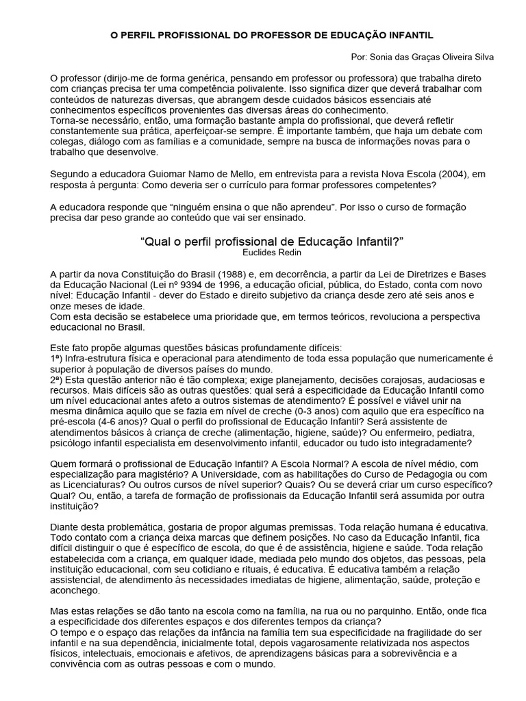 O Perfil Profissional Do Professor de Educação Infantil Ana | PDF | Pré ...