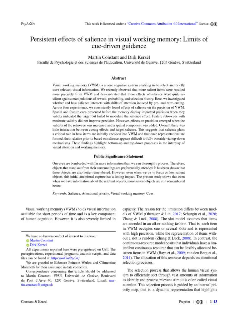 Constant and Kerzel - Persistent Effects of Salience in Visual Working M | PDF | Attention ...