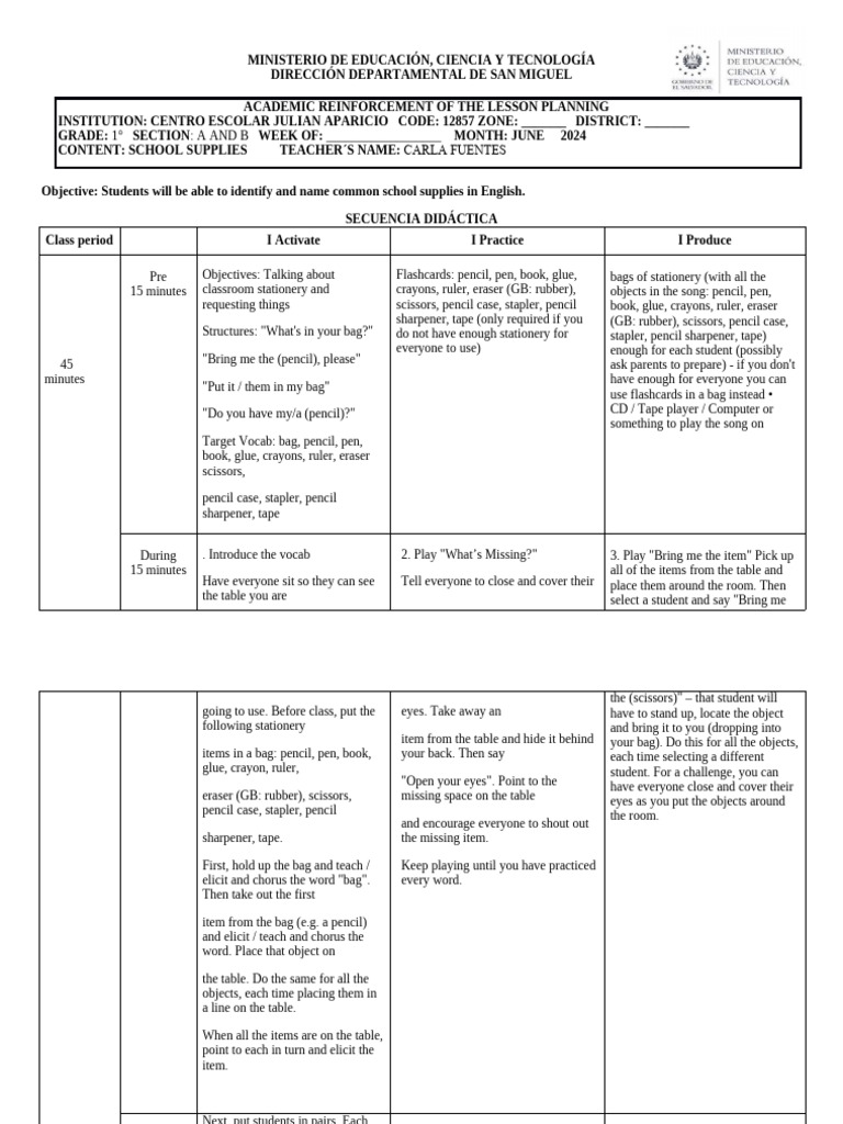School Supplies Lesson Plan for 1st Grade | PDF | Pencil | Stationery