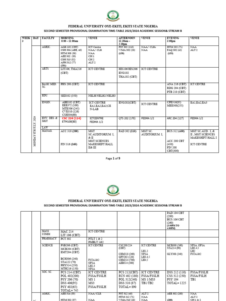 Week 3 - 2023 - 2024 - Sec - Sem - Exam - Timetable - Provisional | PDF