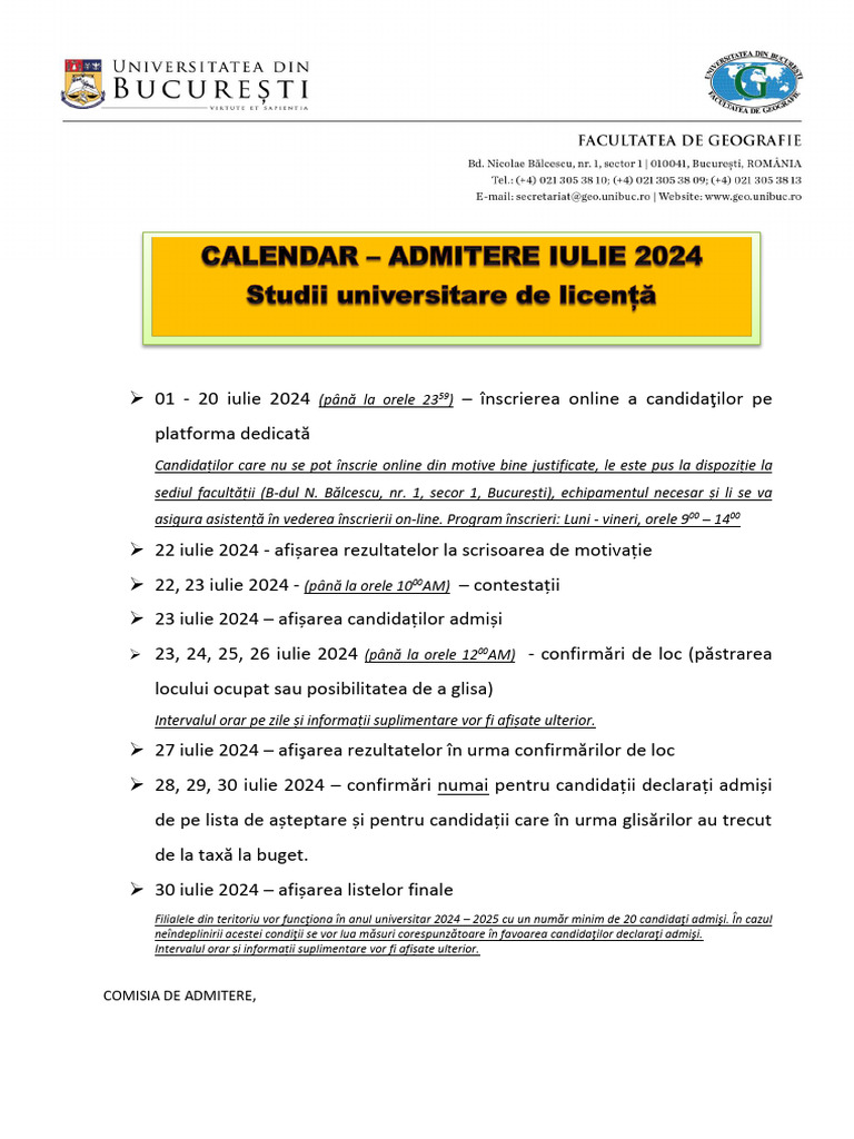 Calendar - De-Admitere Licenta Iulie - 2024 | PDF