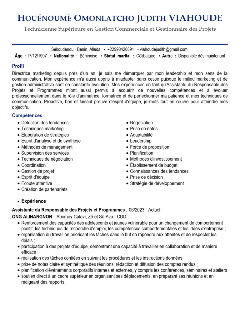 CV de Judith Viahoude, Marketing & Projets | PDF | Commercialisation ...