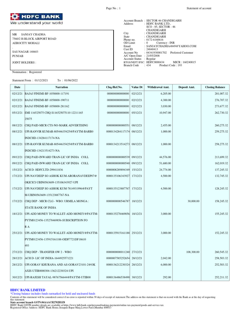 Date Narration Chq./Ref - No. Value DT Withdrawal Amt. Deposit Amt ...