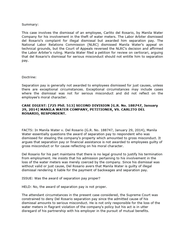 Manila Water Dismissal Case Summary | PDF | Appeal | Employment