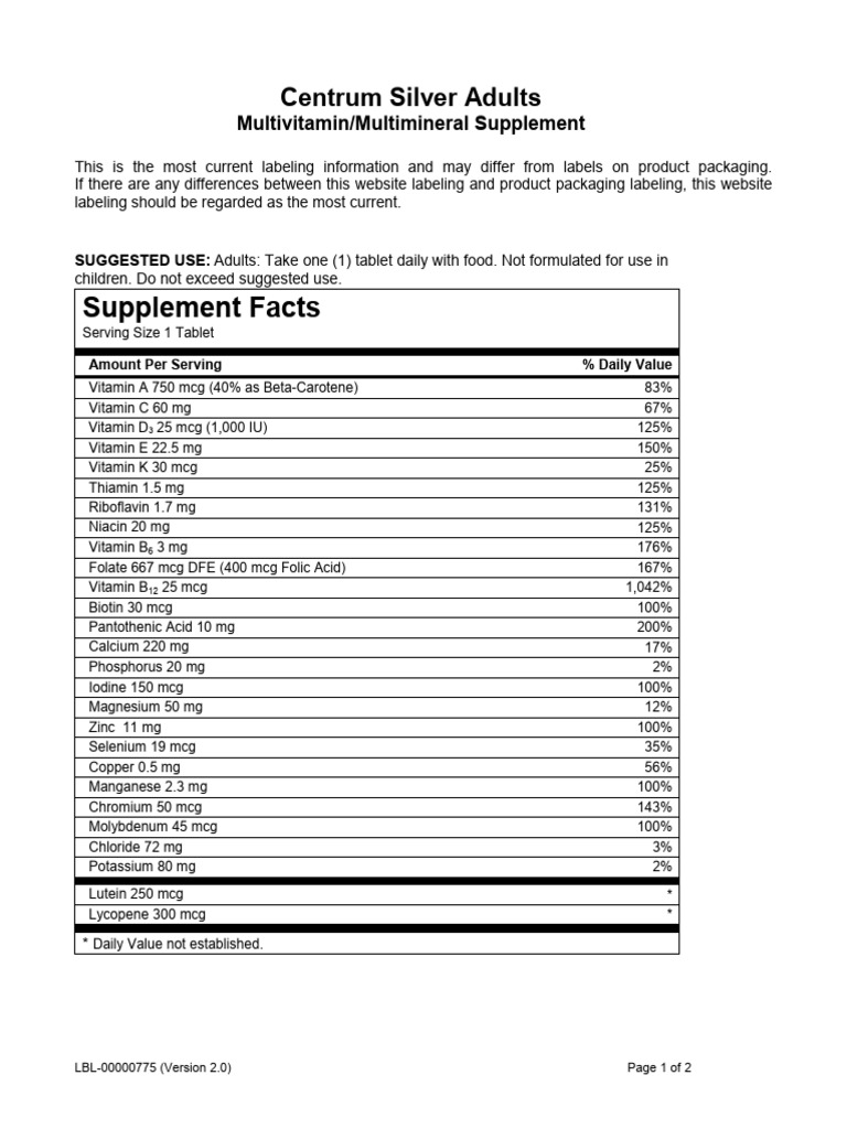 LBL 00000775 Web Ready Centrum Silver Adults Tablets (Versio | PDF ...
