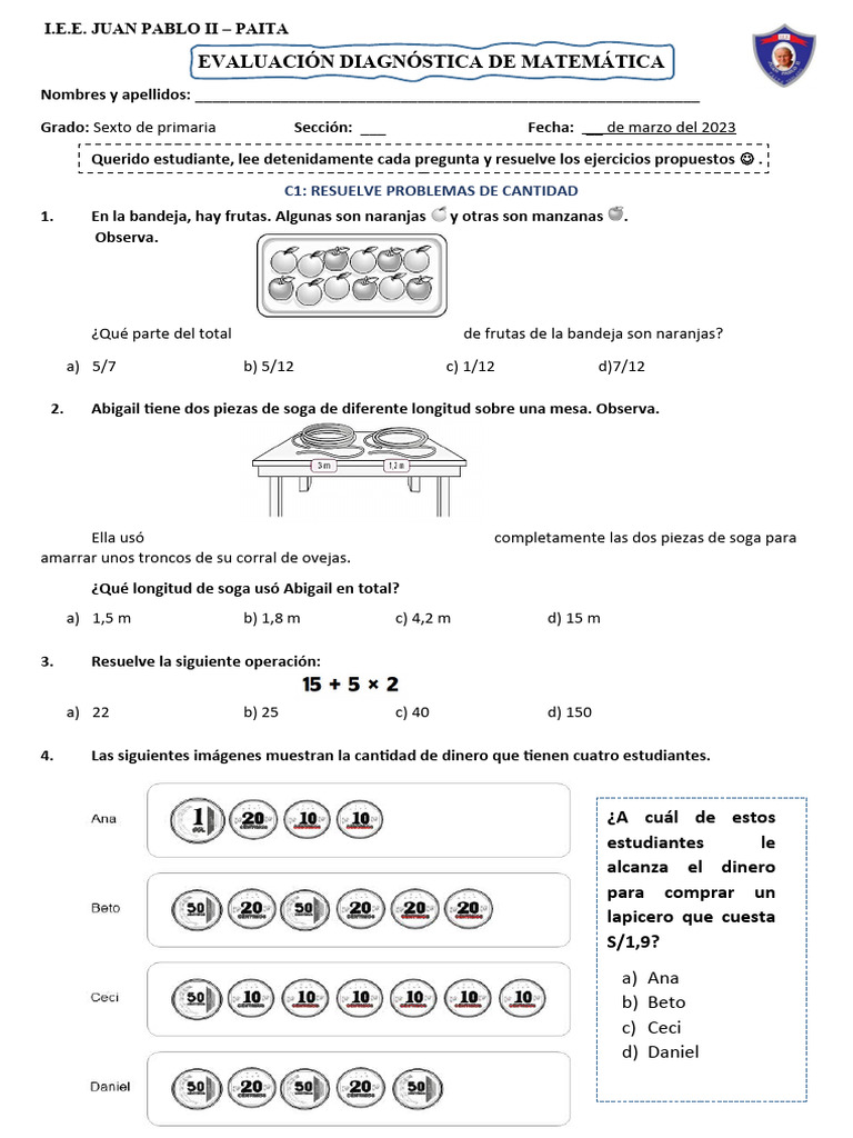 15 Eval. Diagn Mat Sexto 2023 | PDF