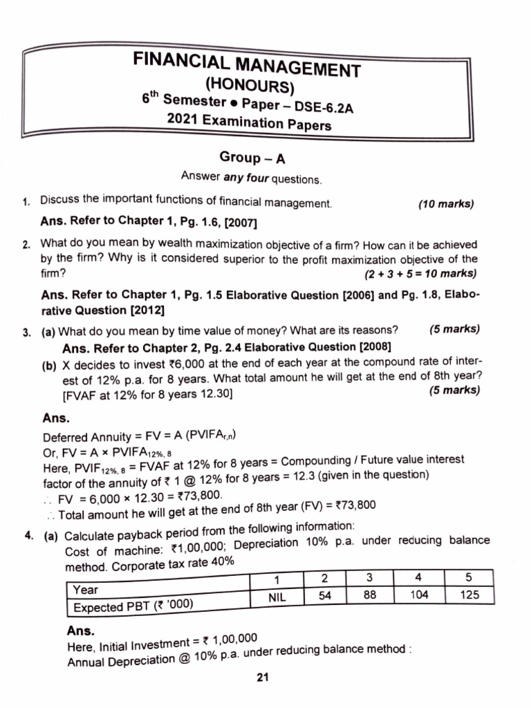 Financial Managment question paper(2021) | PDF | Depreciation | Investing
