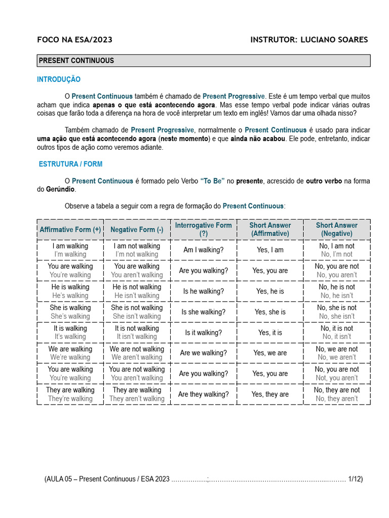 Aula 05 - Present Continuous | PDF | Sintaxe | Morfologia linguística