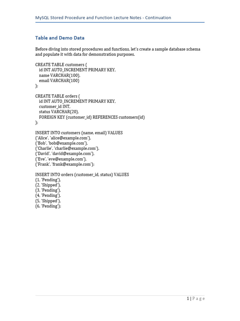 Mysql Stored Procedure Function Lecture Notes Continuation Pdf Parameter Computer