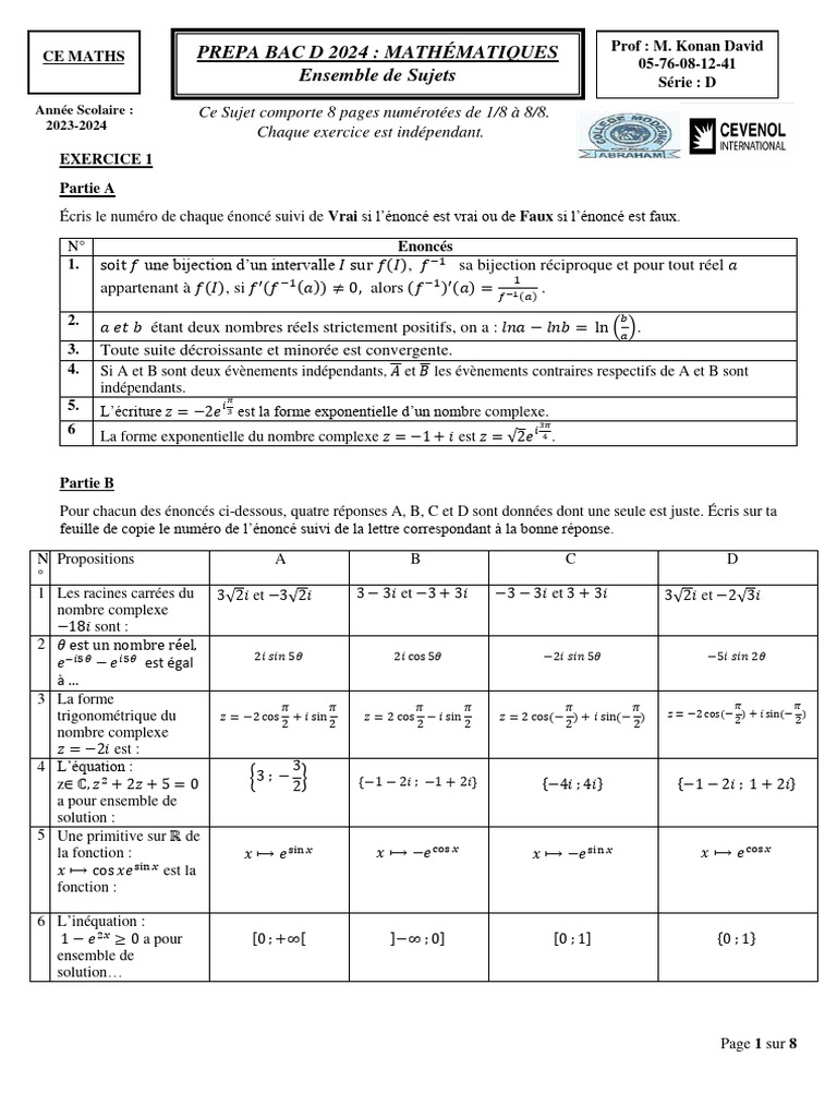 Prépa Bac D 2024 : Maths Exercices | PDF | Nombre complexe | Probabilité