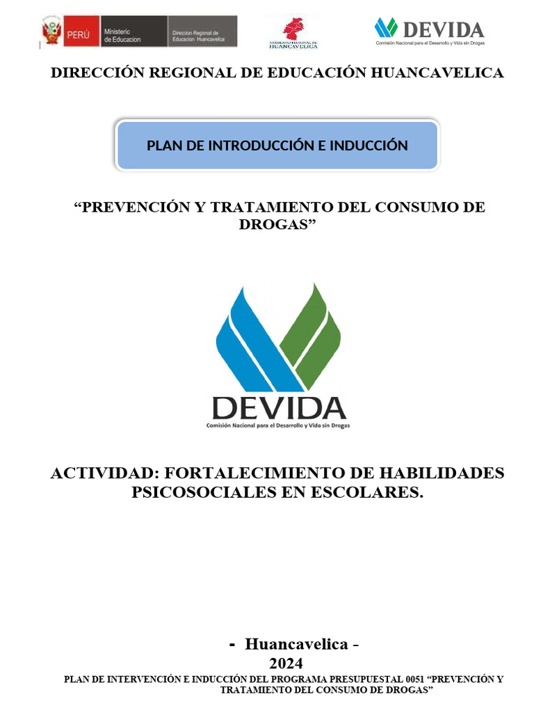 Plan de Trabajo Presentacion de Devida para I.E. 2024 | PDF | Enseñando ...