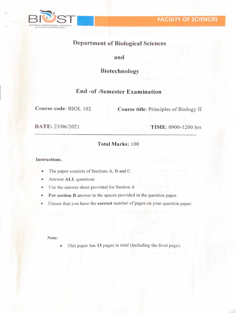 BIO 102 2020-2021 Exam-1 | PDF