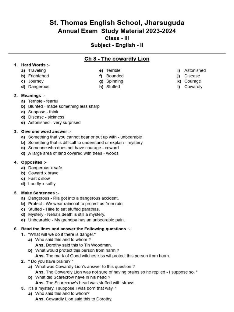 Class 3 English Exam Study Material | PDF | Cowardly Lion | Scarecrow (Oz)