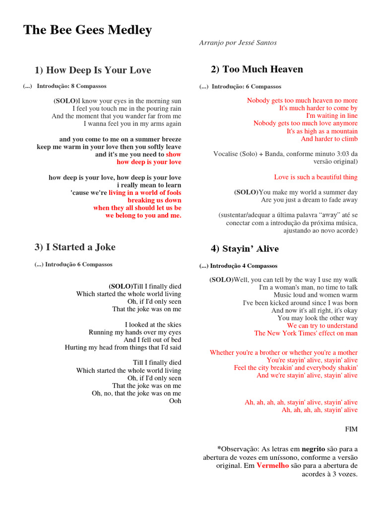 Bee Gees Medley Lyrics and Chords | PDF | Songs Written
