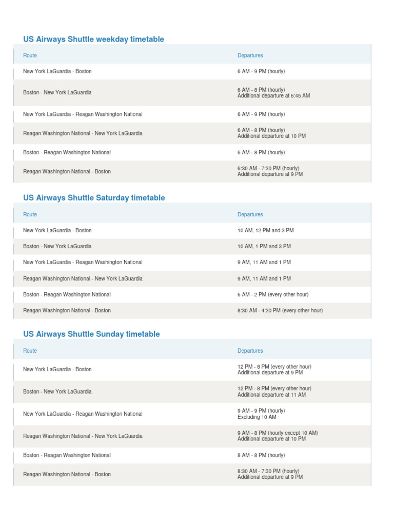 US Airways Shuttle - Timetable | PDF | La Guardia Airport