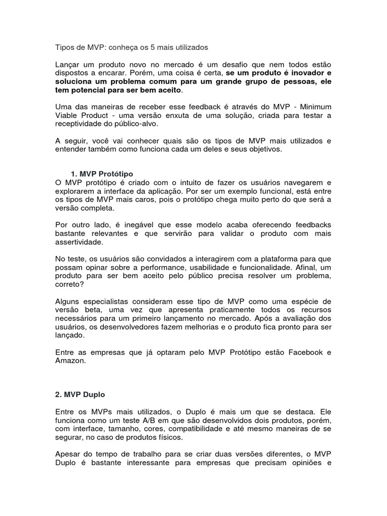 Tipos de MVP | PDF | Segmentação de mercado | Comentários