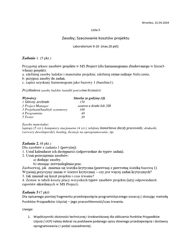 Lista5-Zasoby I Koszty | PDF