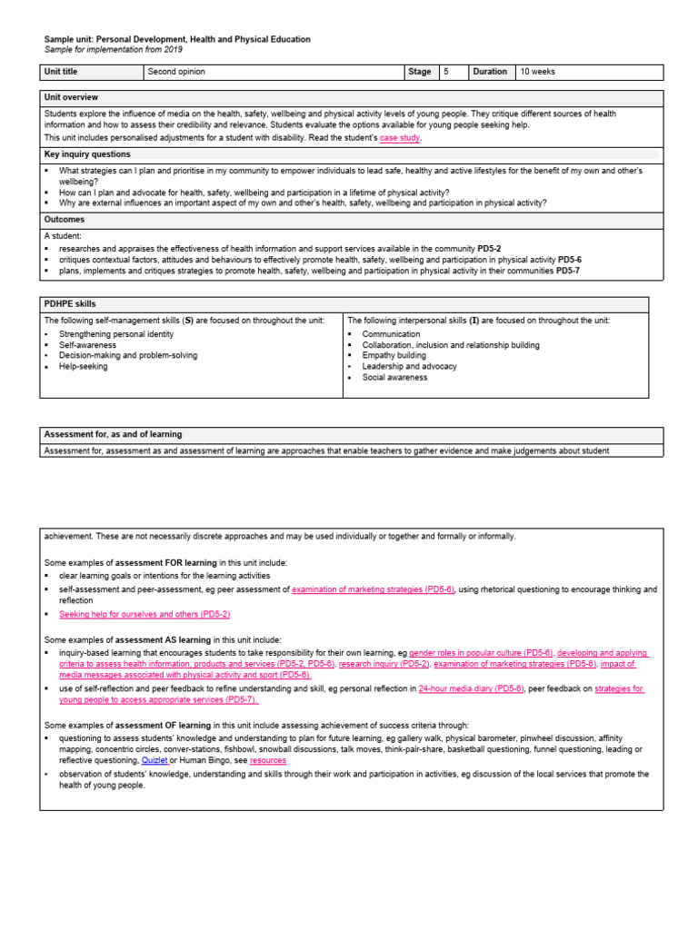 Pdhpe K 10 Stage 5 Sample Unit Second Opinion With Adjustments ...