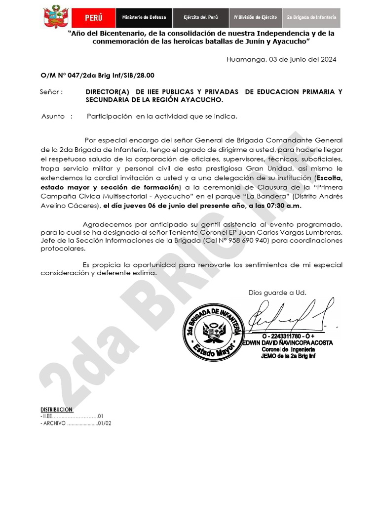 Oficio 047 Invitacion Iiee Ceremonia Dia 06 Junio 2024 | PDF | Historia