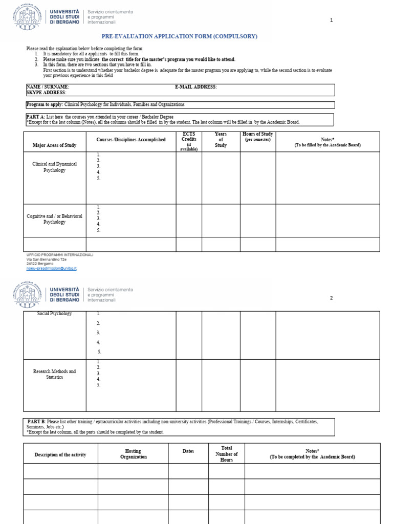 Pre-Evaluation Form-Clinical Psy New | PDF | Psychology | Bachelor's Degree