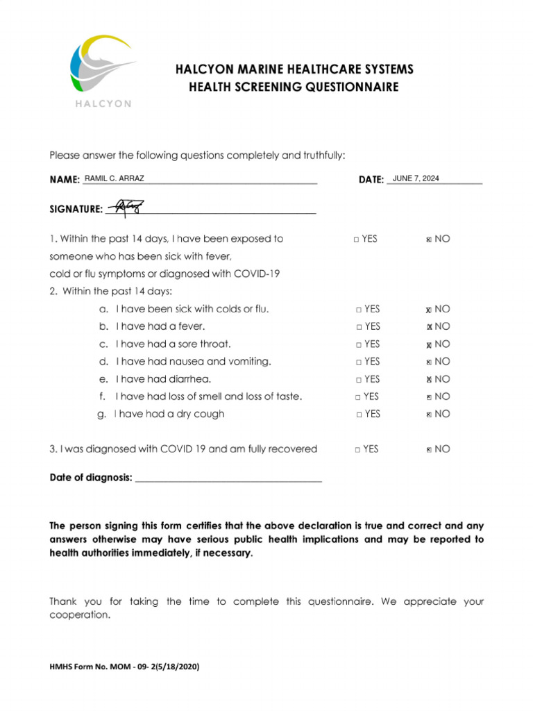 Optmom 09 Hmhs Health Screening Questionnaire Rev 3 | PDF