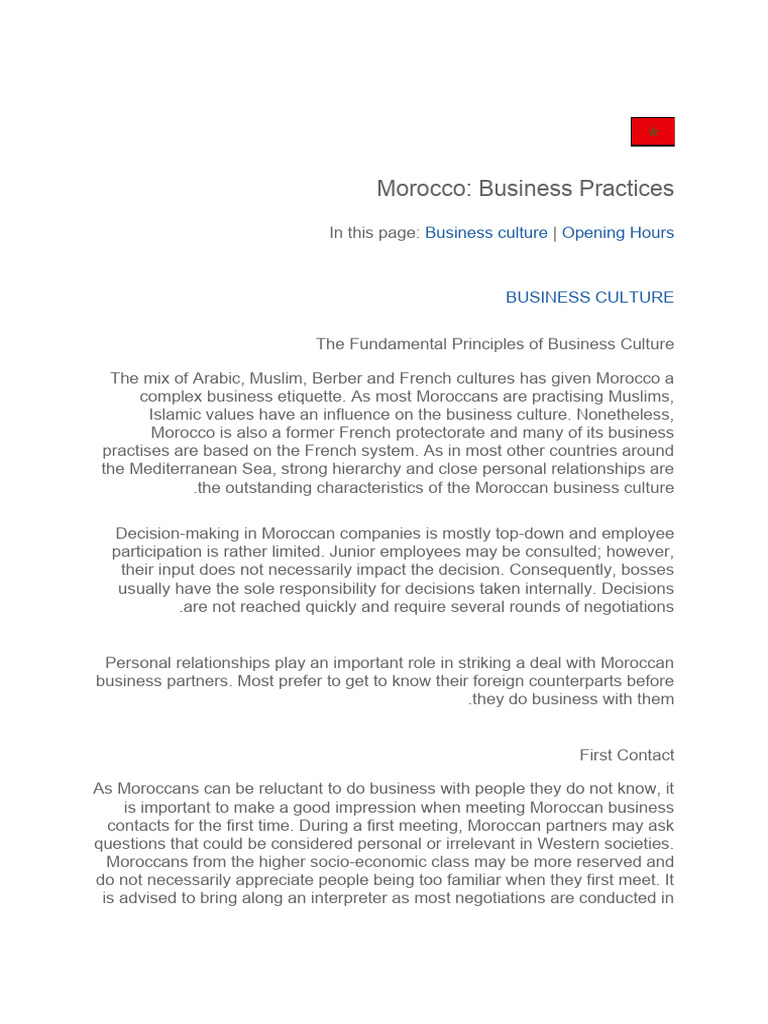 Morocco: Business Practices: Business Culture Opening Hours | PDF | Morocco