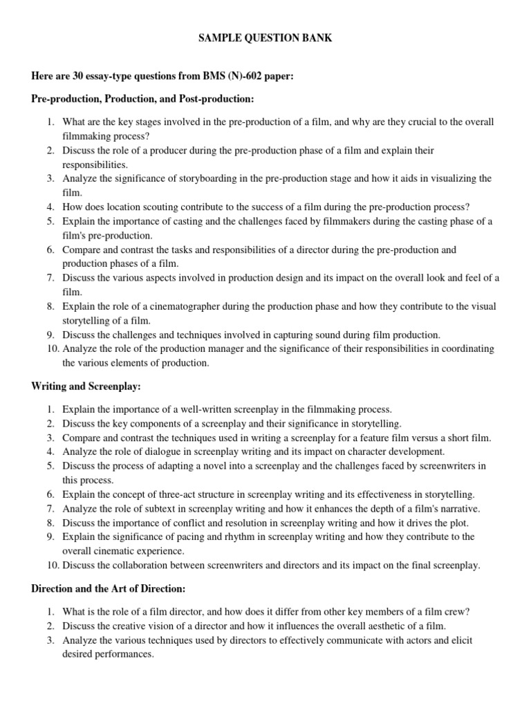 SAMPLE QUESTION BANK - BMS (N) 602 and 603 | PDF | Cinematography