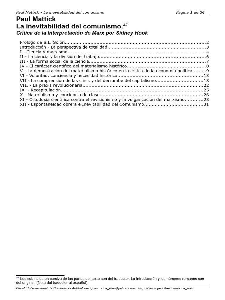 Paul Mattick La Inevitabilidad Del Comunismo | PDF | marxismo | Karl Marx