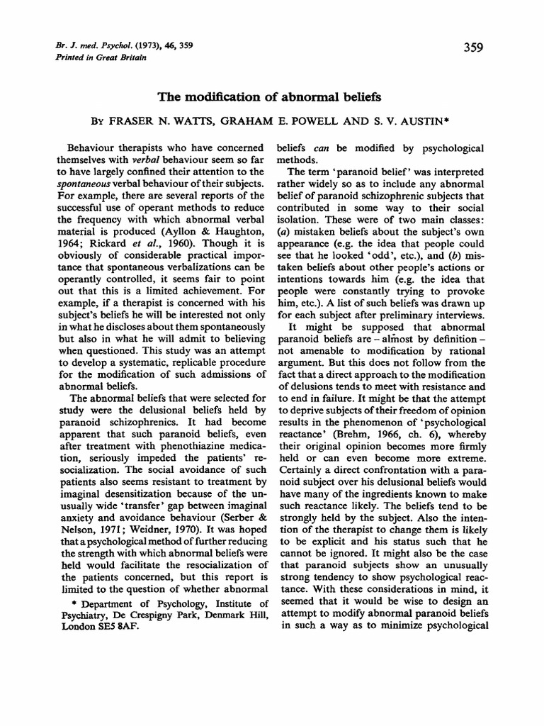 The Modification of Abnormal Beliefs (Watts, Powell & Austin, 1973 ...