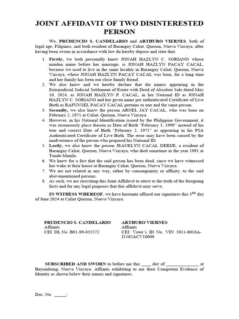 Joint Affidavit of Two Disinterested Person | PDF | Affidavit | Civil ...