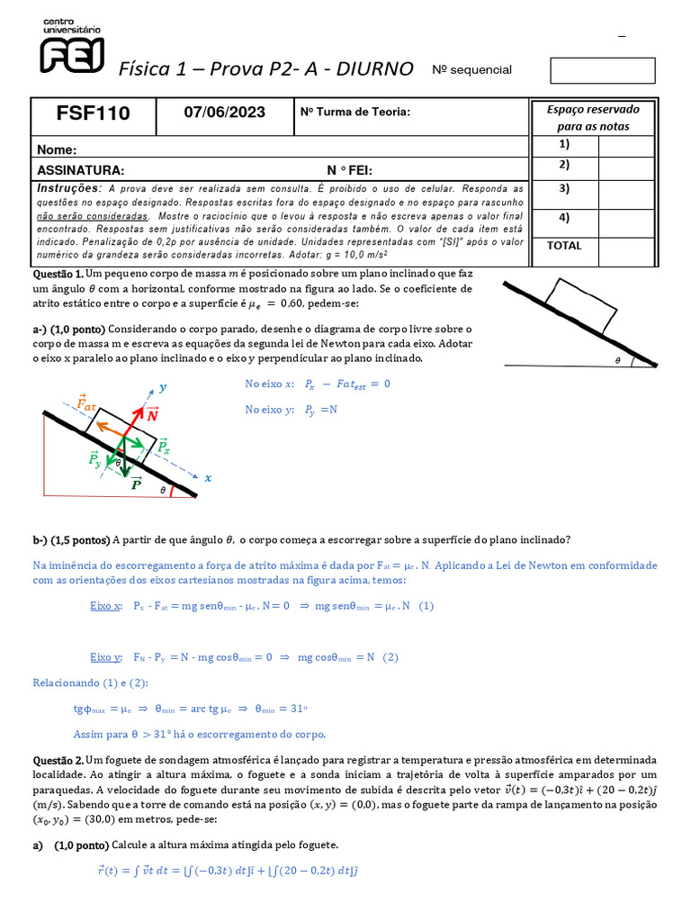 Prova P2 Do Diurno - Modelo A - 1 Sem 2023 - Gabrito | PDF | Atrito | Massa