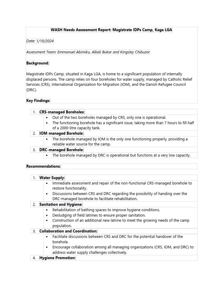 WASH Needs Assessment Report | Download Free PDF | Wash | Hygiene