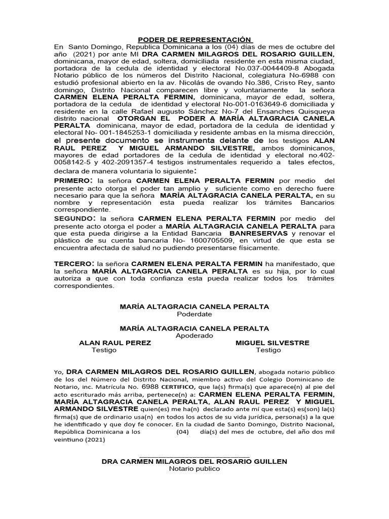 Poder de Representación Carmen 1 | PDF | Documento de identidad | República Dominicana