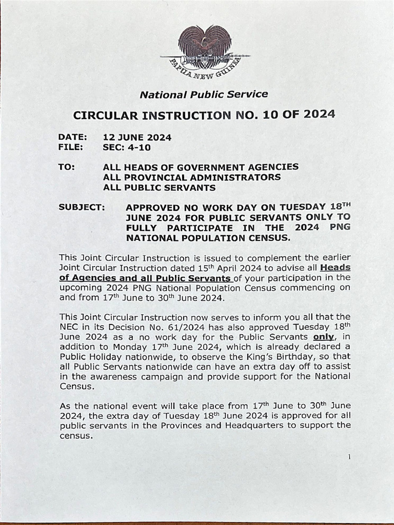 CI 10 of 2024 On No Work Day For PS For Census | PDF