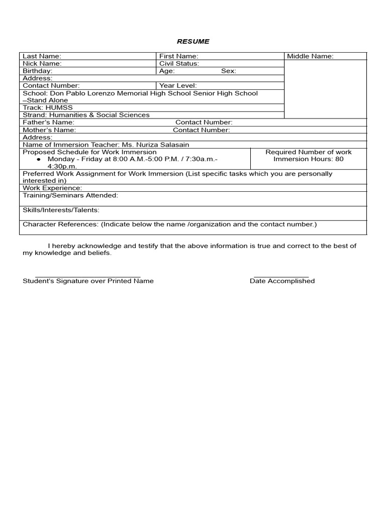 Prototype Resume For Work Immersion | PDF | Self-Improvement