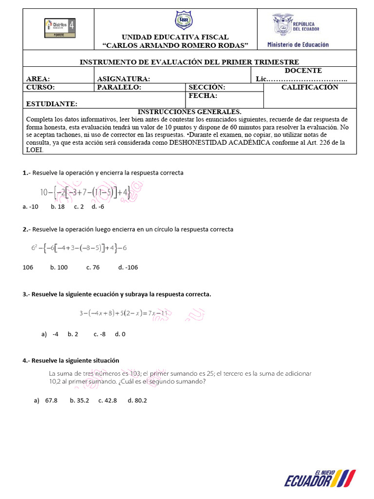 DIAGNOSTICO MATEMATICA 9NO B Docente | PDF | Matemáticas | Álgebra