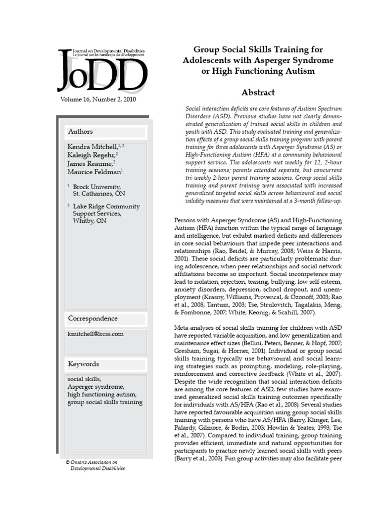 Group Social Skills Training For Adolescent With AS or HFA | PDF ...