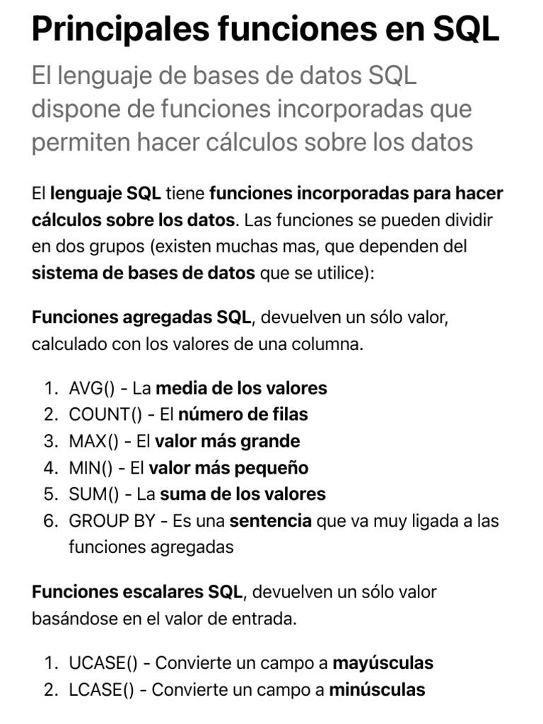 Funciones SQL: Agregadas y Escalares | PDF | SQL | Bases de datos