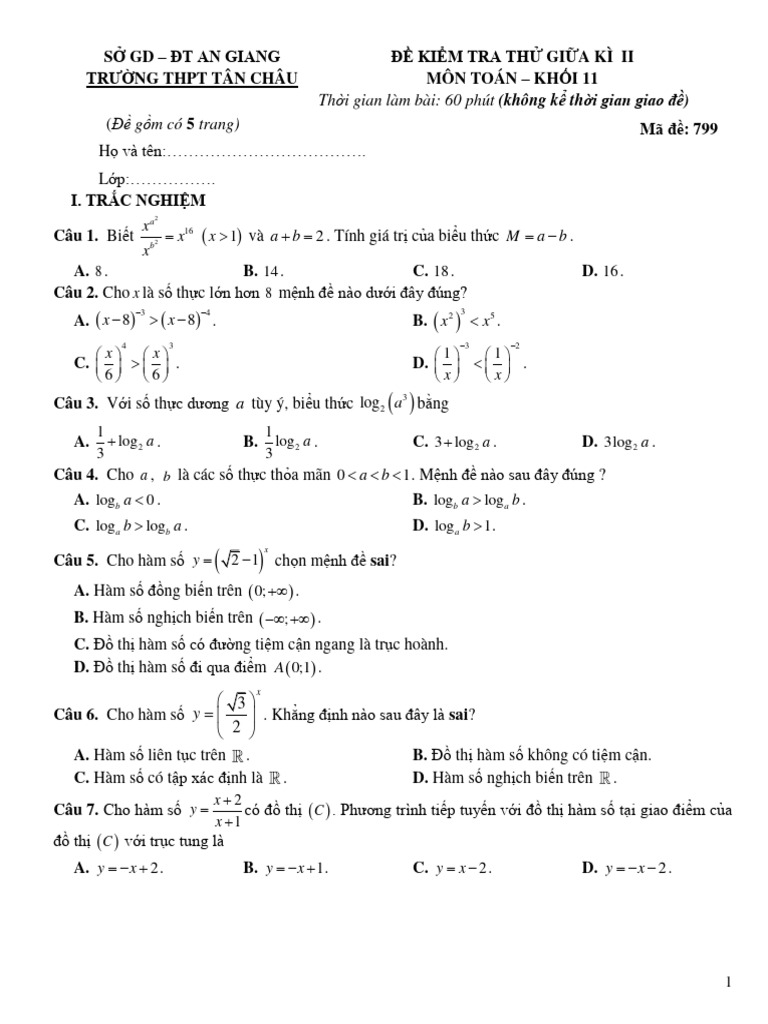 De Thi Thu Giua Ki 2 Toan 11 Nam 2023 2024 Truong Thpt Tan Chau an Giang | PDF