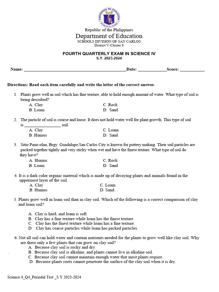 For Checking Science 4 Q4 Periodical Test SY 2023 2024 | PDF | Water | Soil