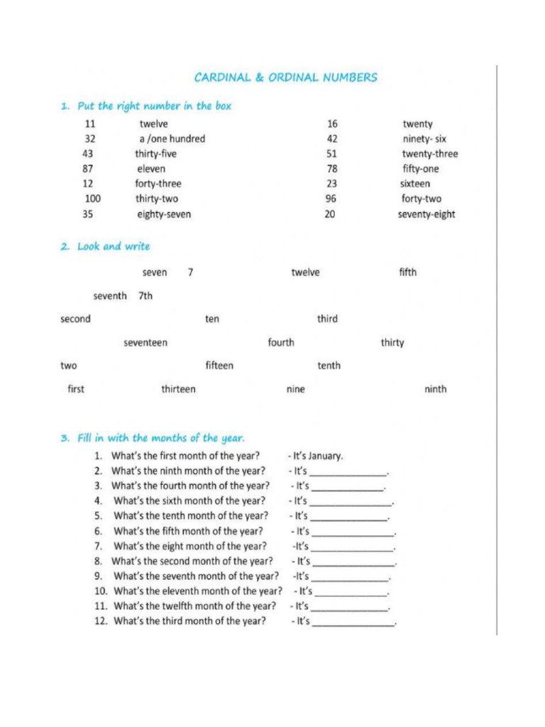 Ordinal and Cardinal Number Exercise | PDF