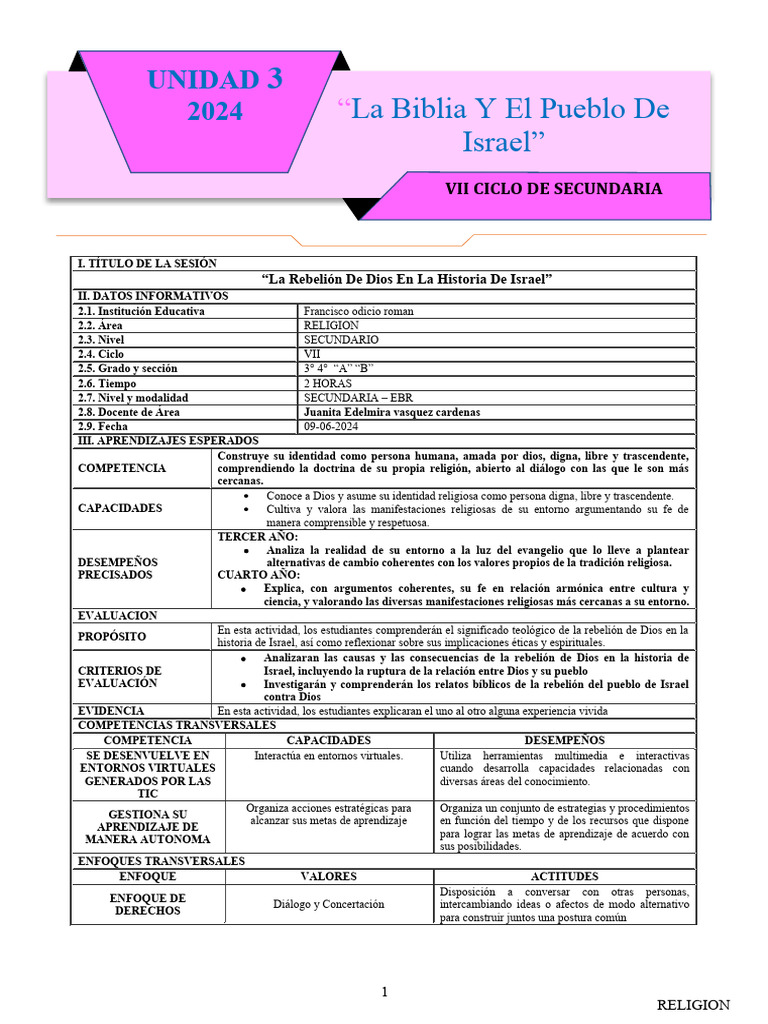 3º 4° SESION SEM 5 UNI 3 - RELIGION 2024 | PDF | Aprendizaje | Dios