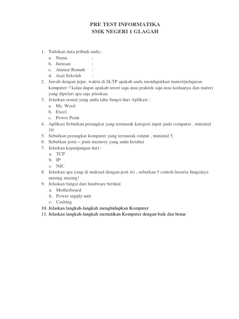 Pre Test Informatika SMK Negeri 1 Glagah | PDF