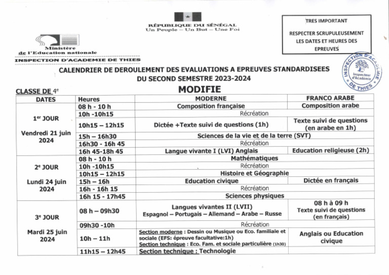Calendrier Composition Second Semestre Classe de 4e - 2023 2024 | PDF