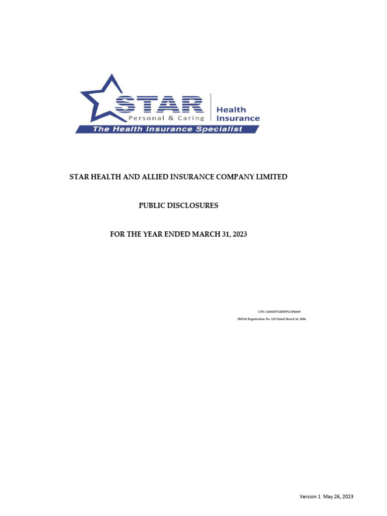 Star Health Insurance Public Disclosures 2023 | PDF | Insurance | Dividend