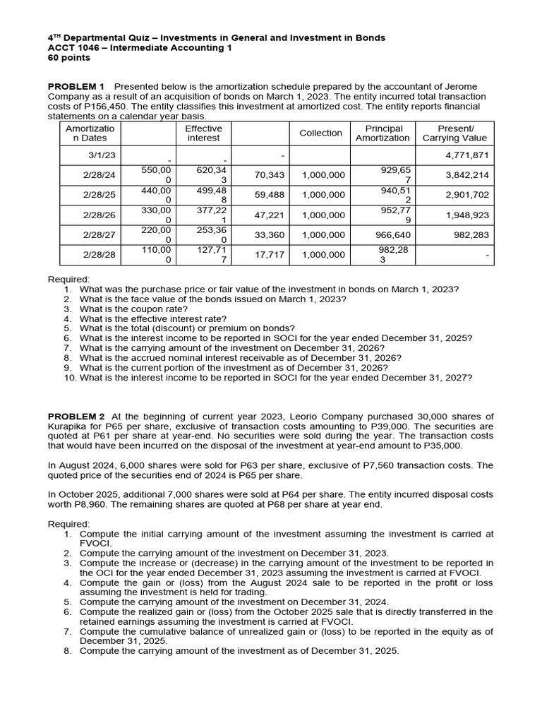 Departmental Quiz on Bond Investments | PDF | Bonds (Finance) | Investing