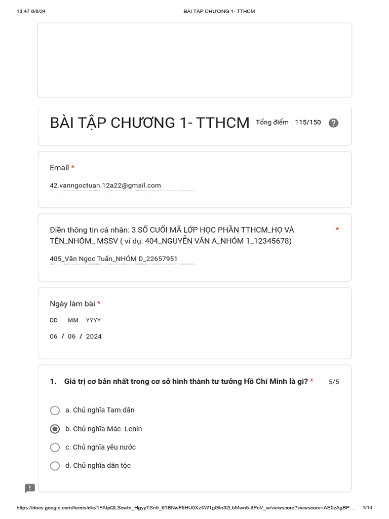 BÀI TẬP CHƯƠNG 1- TTHCM | PDF