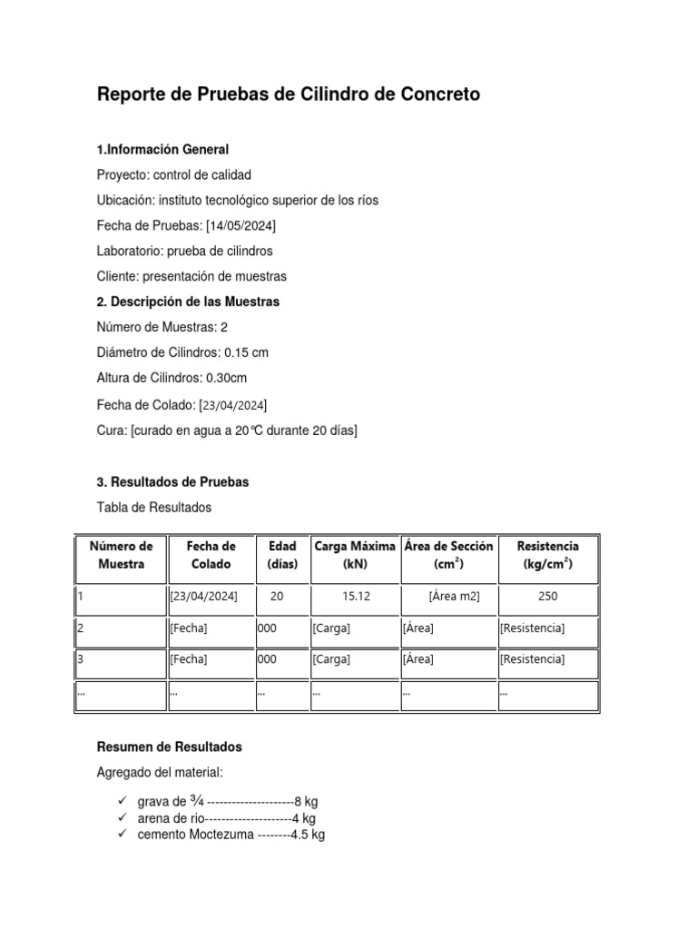 Reporte de Pruebas de Cilindro de Concreto (Recuperado) | PDF